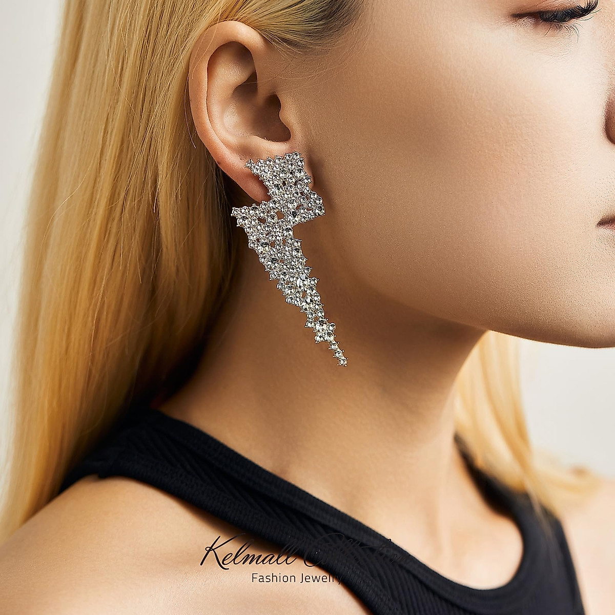 KELMALL Crystal Lightning Bolt Dangle Earrings for Women - Flash Statement Earrings, Trendy Sparkly Drop Jewelry