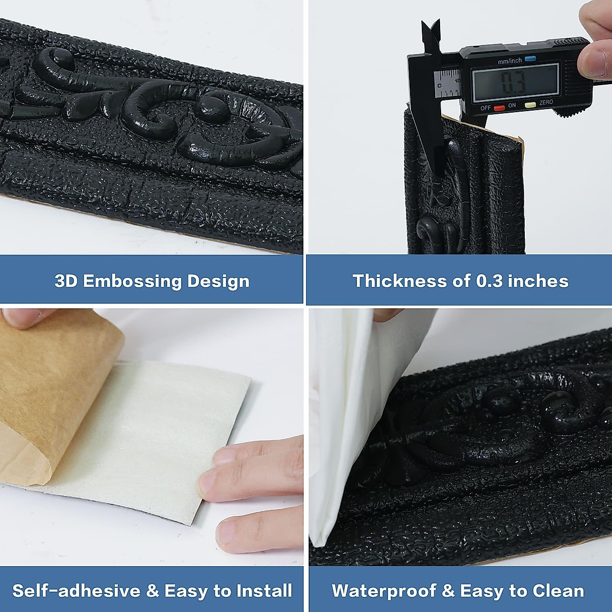 WADILE 180" x 3.1" Crown Molding Peel and Stick, Flexible Wallpaper Border Wall Trim Border, Self Adhesive Mirror Moulding Frame Lines, 3D Edging Foam Ceiling Baseboard, Black