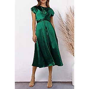 PRETTYGARDEN Women's 2023 Summer Satin Midi Dress Cap Sleeve Tie Waist Elegant A-Line Flowy Dresses (Dark Green,Large)