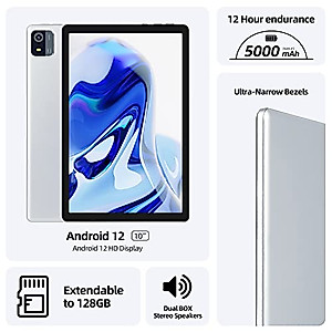 URAO Android Tablet 10 inch Android 12 Tablets Quad Core 64GB 5000mAh Battery Dual Camera 1280x800 HD Display Touchscreen Tablet PC (2022 Release, Silver)