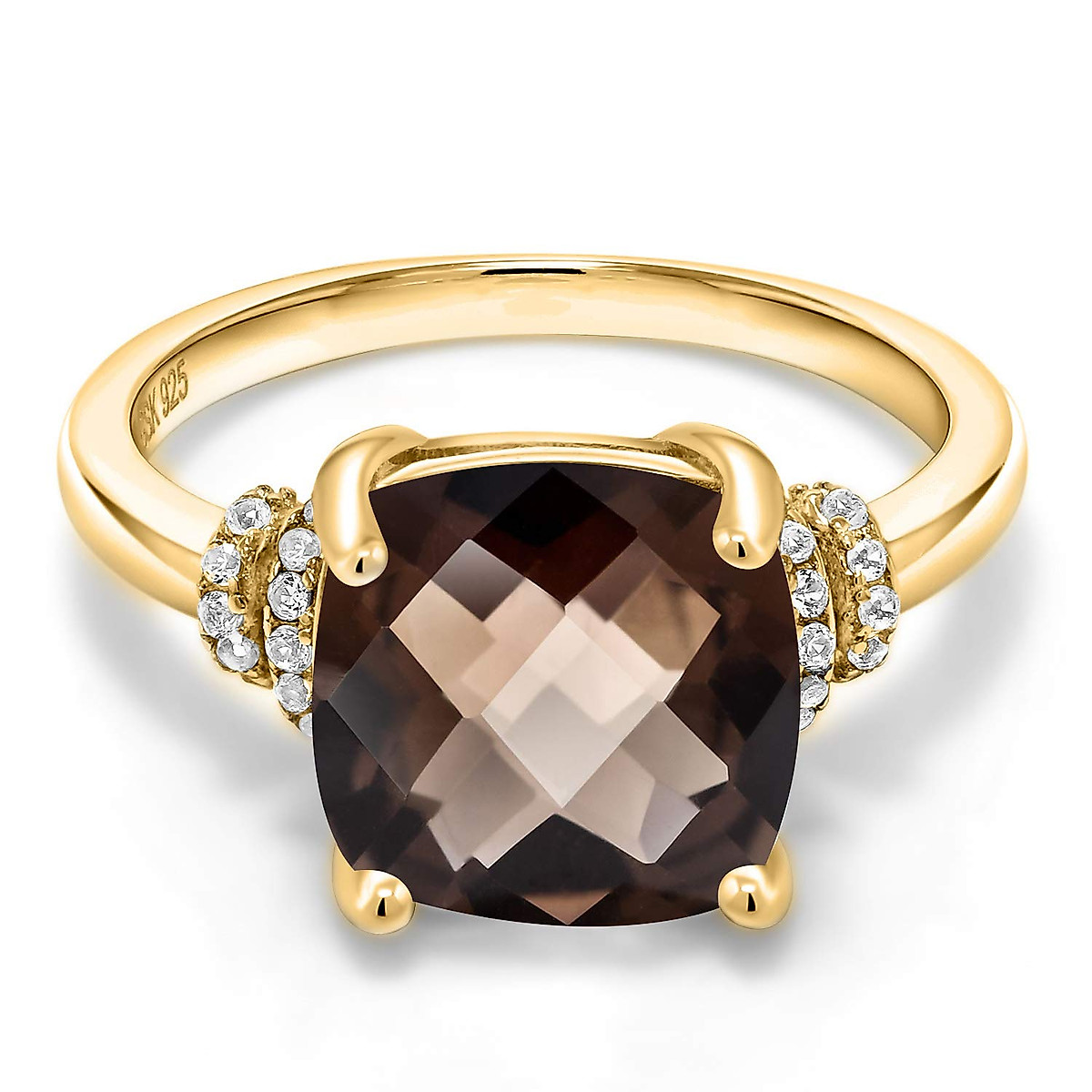 Gem Stone King 18K Yellow Gold Plated Silver Brown Smoky Quartz Ring For Women (4.14 Cttw, Cushion Checkerboard 10MM, Available in size 5, 6, 7, 8, 9)