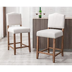 EALSON Farmhouse Bar Stools Set of 2 Bar Height Kitchen Barstools with Back Mid Century Modern Wooden Bar Chairs Linen Upholstered High Counter Stools for Home Bar/Island/Pub, 30 Inch Beige
