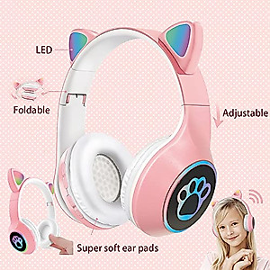 OONOL Kids Wireless Bluetooth Headphones, LED Light Over Ear Foldable Headphone with Microphone and Wired for Girls Women (Pink)