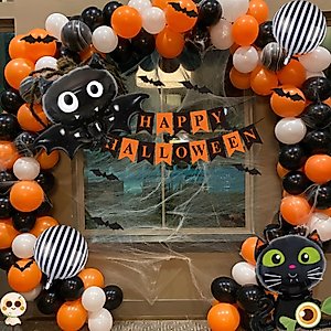 Halloween Balloon Garland Arch Kit, Halloween Party Decorations with Bats & Black Cat Foil Balloons Black Orange White Balloons, Happy Halloween Banner, Halloween Party Decor Supplies