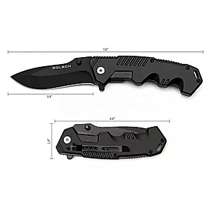 ROLSCH - Black Tactical Knife - Spring Assisted Folding Knife – Black Stainless Steel Blade and Black Aluminum Handle with Pocket Clip - Great Folding Knife for Hunting, Camping, Survival, Tactical, EDC
