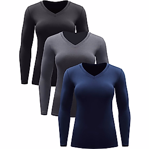 CADMUS Women Long Sleeve Shirt for Workout Dry Fit Yoga Tee Shirts, 3 Pack, Black, Grey, Navy Blue,Large