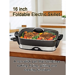 Electric Skillet Nonstick Foldaway - 16 inch, with Adjustable temperature, Easy to clean, Black, Nozaya