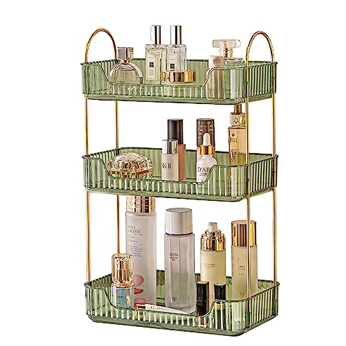 Dingfeng Makeup Organizer for Vanity, Transparent Storage Tray for Vanity Skin Care Products. Large Capacity Bathroom Kitchen and Other Multi-Functional Counter Storage Bracket, Green, 3 Tier