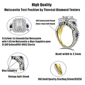 DovEggs Emerald Cut Moissanite Engagement Rings for Women 2.4ctw Center 5x7mm GHI Moissanite Vintage Double Halo Wedding Ring Blue Sapphire Pave 14k Gold QUALITY Sterling Silver (8.5)