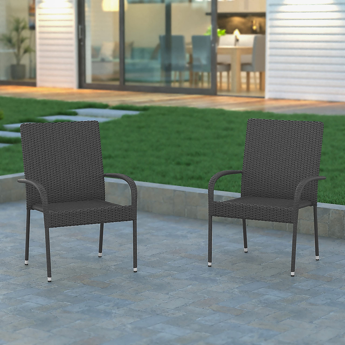 EMMA + OLIVER Sala Stacking All-Weather Patio Chair - Gray Woven Polyethylene Wicker - Powder Coated Steel Frame - for Indoor & Outdoor Use - Set of Four
