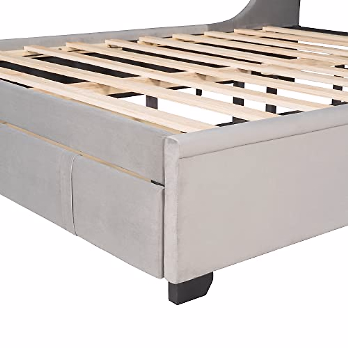 HBRR Queen Size Platform Bed Frame with Wingback Headboard and a Big Drawer, Velvet Upholstered Storage Bed, Wooden Slats Support, No Box Spring Needed, Easy to Assemble, Gray