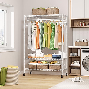 LEHOM G1L 3 Tiers Garment Rack with Storage Shelves, Heavy Duty Rolling Free-Standing Clothing Rack Closet Organizer with Double Rods/Lockable Wheels & 2 Side Hooks, Max Load 450 LBS, White