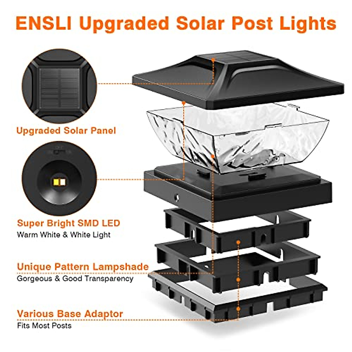 ENSLI Solar Post Cap Lights 6 Pack, 2 Mode Bright Solar Post Lights Outdoor Waterproof Fence Post Cap Lights, Outdoor Post Lights Solar Powered Deck Lights for 4x4 4.5x4.5 5x5 in Garden Decor (Black)