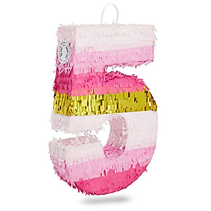 BLUE PANDA Number 5 Pinata, Pink and Gold Foil for Girls 5th Birthday Party Decorations (Small, 16.5 x 11.6 x 3 In)