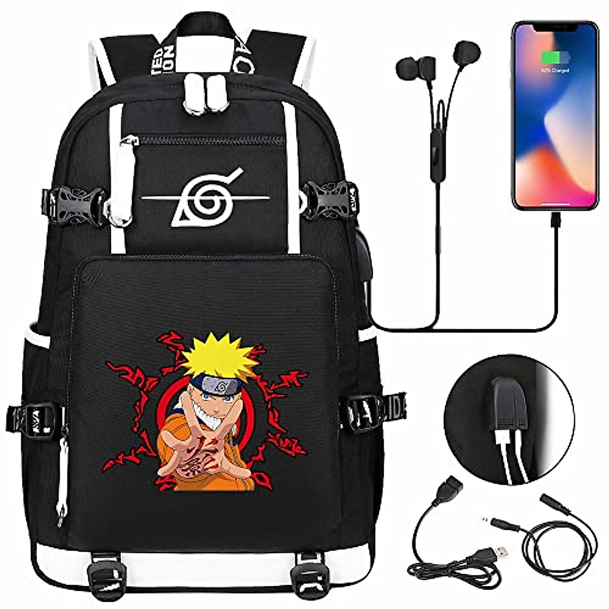 HUIHSVHA Anime Print Backpack Large Capacity School Laptop Bag with USB Charging Port Travel Daypack For Adult Boys Girls