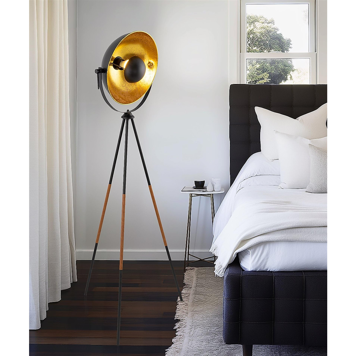 Kira Home Sulis 58" Modern Industrial Tripod LED Floor Lamp + 9W Bulb (Energy Efficient/Eco-Friendly), Leather Accent Legs, Satellite Style Shade, Black Finish