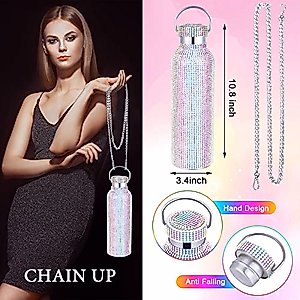 Rtteri 3 Pcs Rhinestone Water Bottle AB Color Diamond Glitter Tumbler Insulated Bling Tumbler with Chain Bling Cup with Lids Stainless Steel Rhinestone Tumbler Diamond Thermal Mug Set for Women Girl