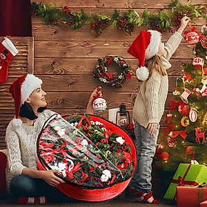 Aliceset 4 Pack Wreath Storage Containers, Christmas Garland Storage Bags with Window and Handles, Durable Christmas Decoration Box Holder for Holiday Xmas(36 x 36 x 7.8 Inch,Red)