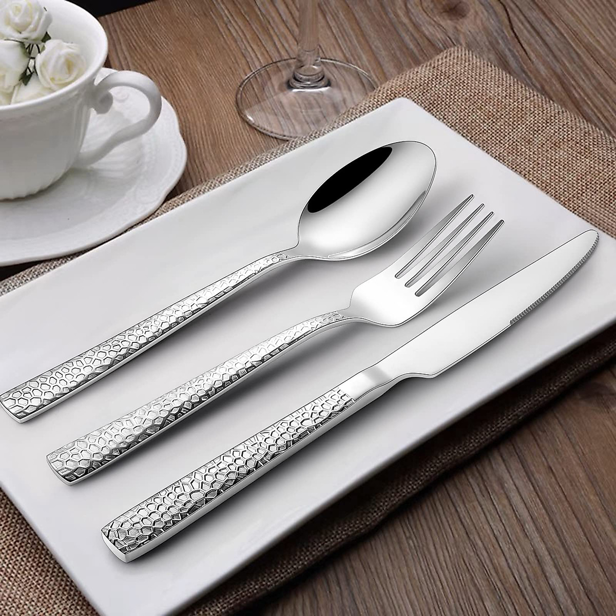 Paincco 60-Piece Hammered Silverware Set for 12, Stainless Steel Square Flatware Cutlery Set, Eating Utensils Sets Include Knife Fork Spoon, Modern Design & Mirror Polished - Dishwasher Safe