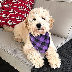 CROWNED BEAUTY Large Dog Bandana for Medium Large Dogs,Purple Black Buffalo Plaid Adjustable Reversible Triangle Cutton Scarves DB19-L