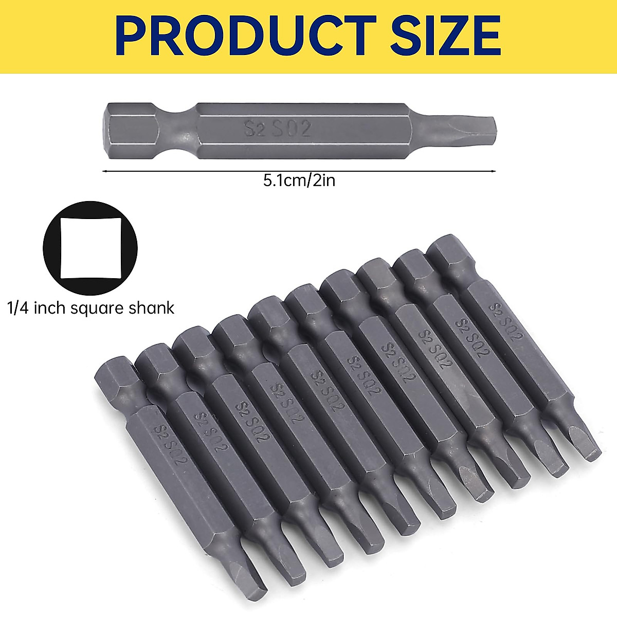10PCS SQ2 Square Drive Bits 1/4-Inch Shank Long Magnetic Square Head Screwdriver Bit Set 2 Inch/50 mm S2 Steel Square Drill Bits for Repair Furniture, Square Screwdriver Bits