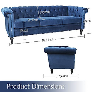 Vaztrlus Chesterfield Velvet Sofas for Living Room, Traditional Square Arm 3-Seater Sofa 82.5" Couch Deep Button Nailhead Tufted Blue Upholstered Couches Removable Cushion Easy to Assemble