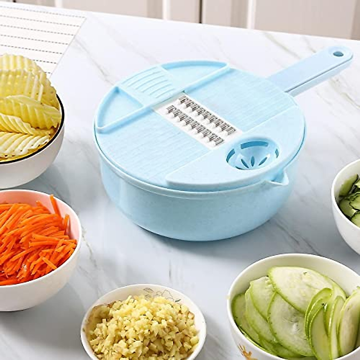 NA Multifunctional Vegetable Cutter 12 Piece Set Manual Potato and Radish shredding Kitchen Household Slicing, shredding and Peeling Machine Nordic Green