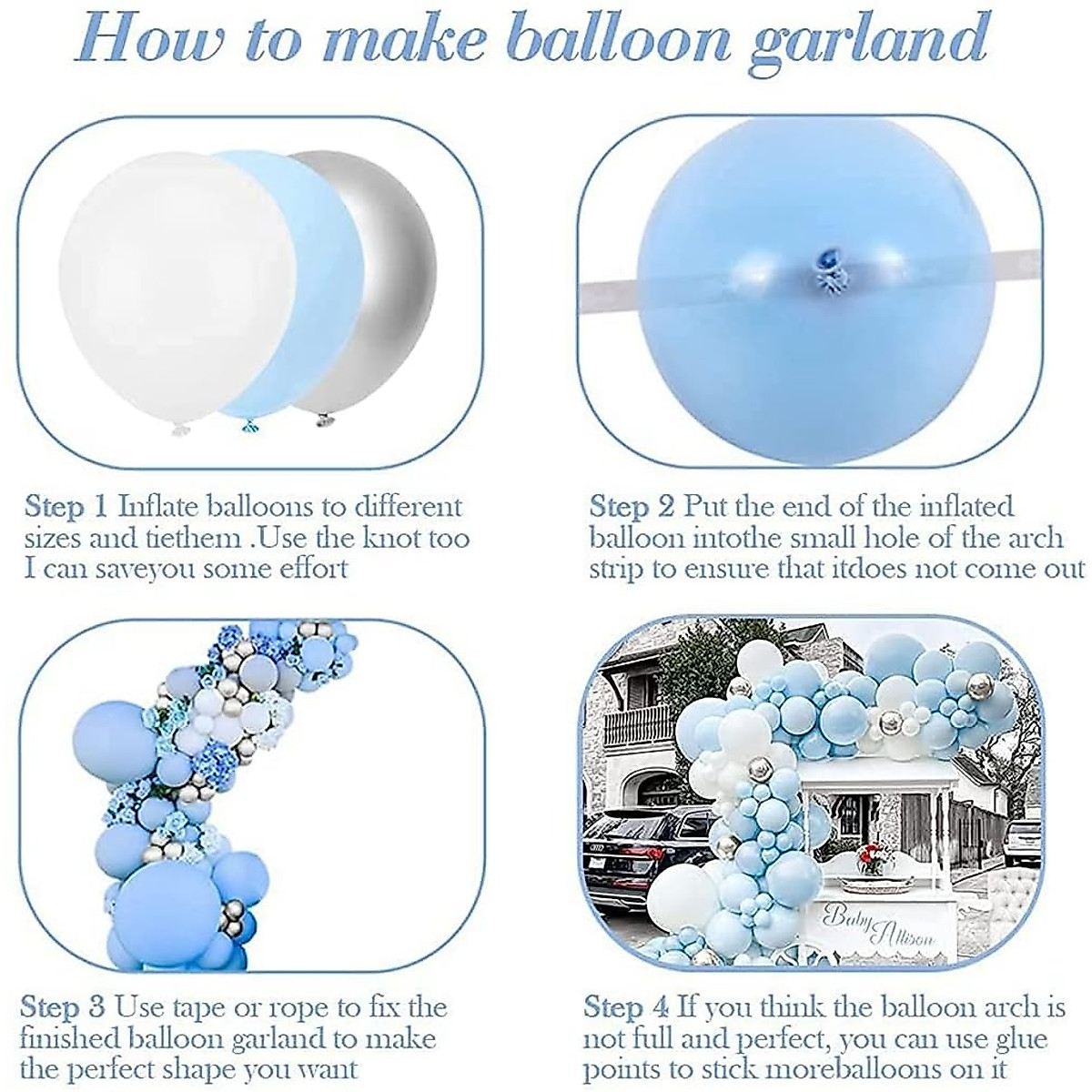 FLORA GRACE Balloon Garland Arch Kit - 146pcs Stunning Baby Blue Silver and White Party Decorations - Assorted Latex Balloons Strip Tape & Glue Dots for Birthdays Weddings Baby Showers and Events