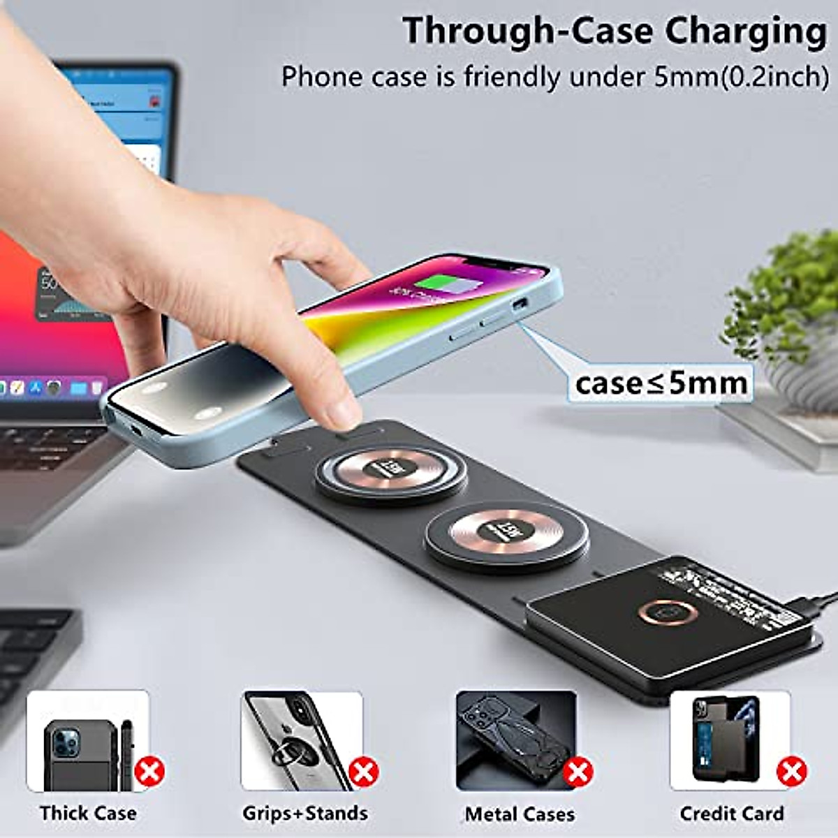 [Dual 15W] Foldable Fast Wireless Charger, 3 in 1 Travel Magnetic Wireless Charger, Wireless Charging Pad Compatible with Mag-Safe Charger for iPhone 14/13/12, Samsung Galaxy, Apple Watch, AirPods Pro