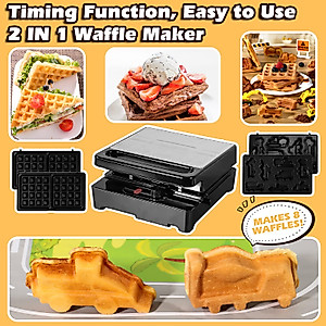 Car Mini Waffle Maker Waffle Iron for Kids 8 Different Cars Shaped Waffles in Minutes, with Timer Knob 2 IN 1 Electric Non-Stick Breakfast Pancake Maker with Removable Plates, Fun Gift for Kids Family