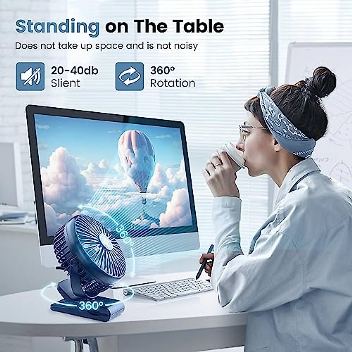 ANKACEPERSONAL 10000mAh Portable Fan Rechargeable, Battery Operated Desk Clip on with LED Light, 3 Modes 360 Rotation Personal USB Small for Outdoor Camping Golf Cart Indoor Gym Treadmill Office,Blue
