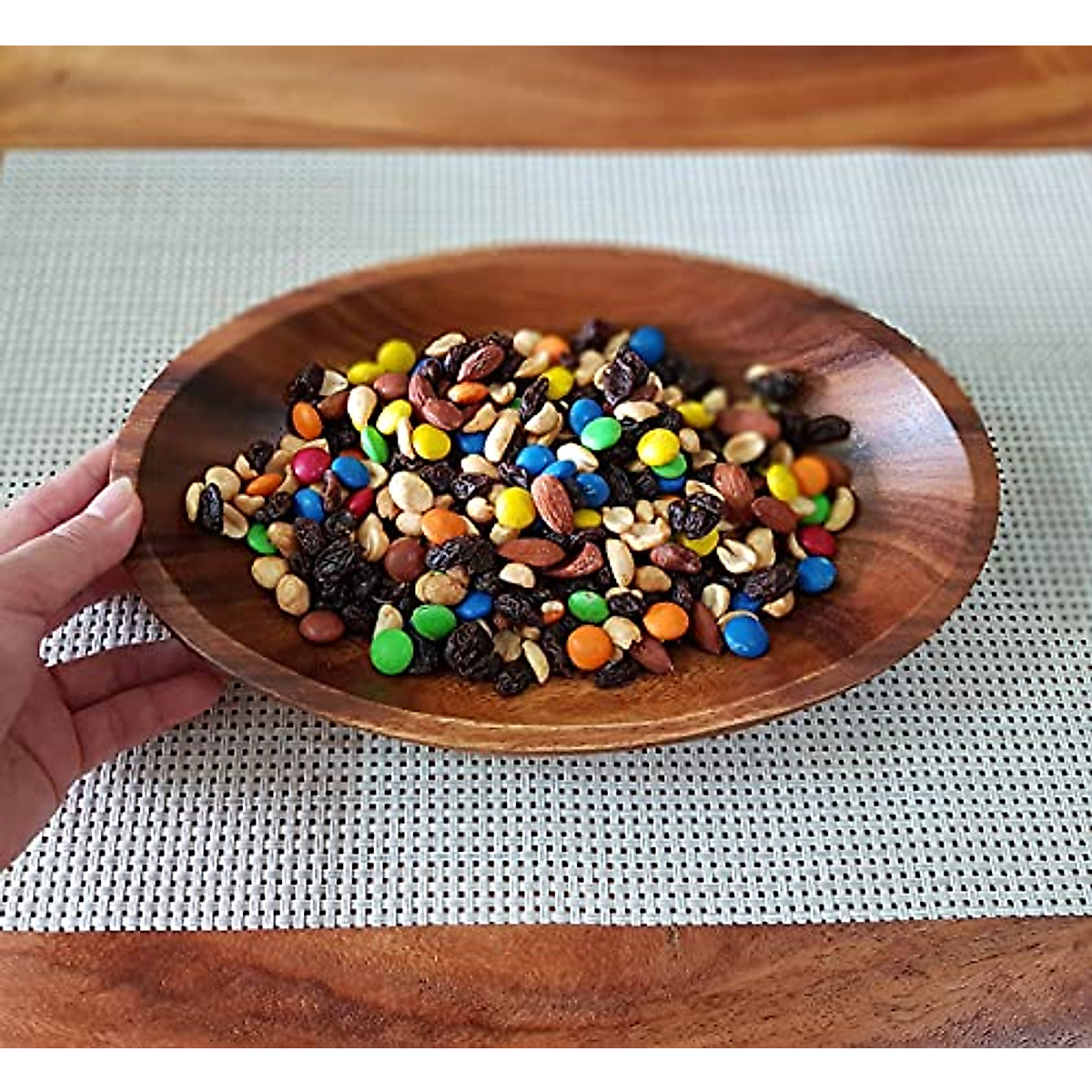 WRIGHTMART Wooden Bowl for Food, Versatile, Useful as a Jewelry and Coin Catchall or a Oval Shaped Server for Salads, Pasta, Nut Mixes, Durable, Decorative, Small Acacia Wood Bowl, 10.75" x 7"x 1.5"