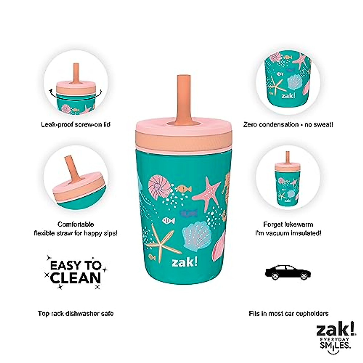 Zak Designs Shells Kelso Tumbler Set, Leak-Proof Screw-On Lid with Straw, Bundle for Kids Includes Plastic and Stainless Steel Cups with Bonus Sipper (3pc Set, Non-BPA) 15 fl.oz.