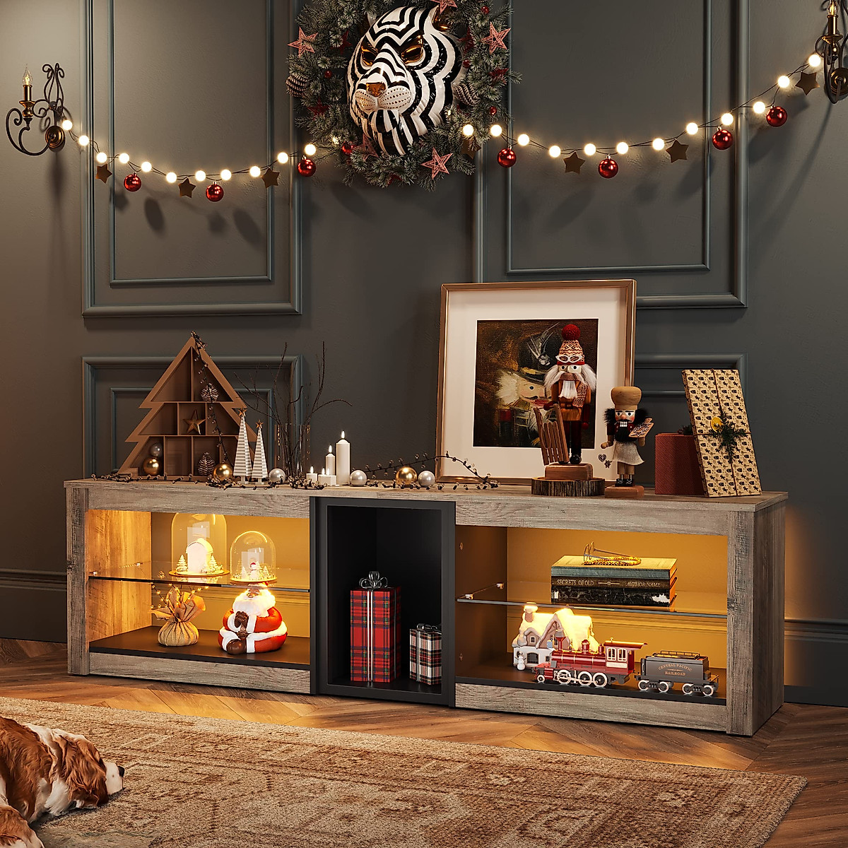 Bestier TV Stand for 70 inch TV, Gaming Entertainment Center for PS5, LED TV Cabinet with Glass Shelves for Living Room, 63'' Inch, Grey Wash