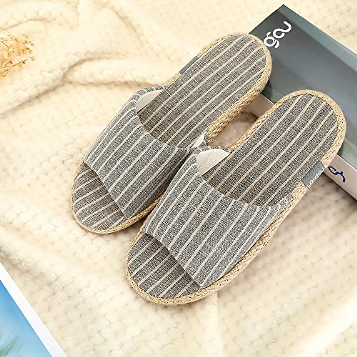 YARSOU House Slippers for Women Indoor Open Toe Women House Slippers Cotton and Linen Shoes Breathable Home TPR Outsole