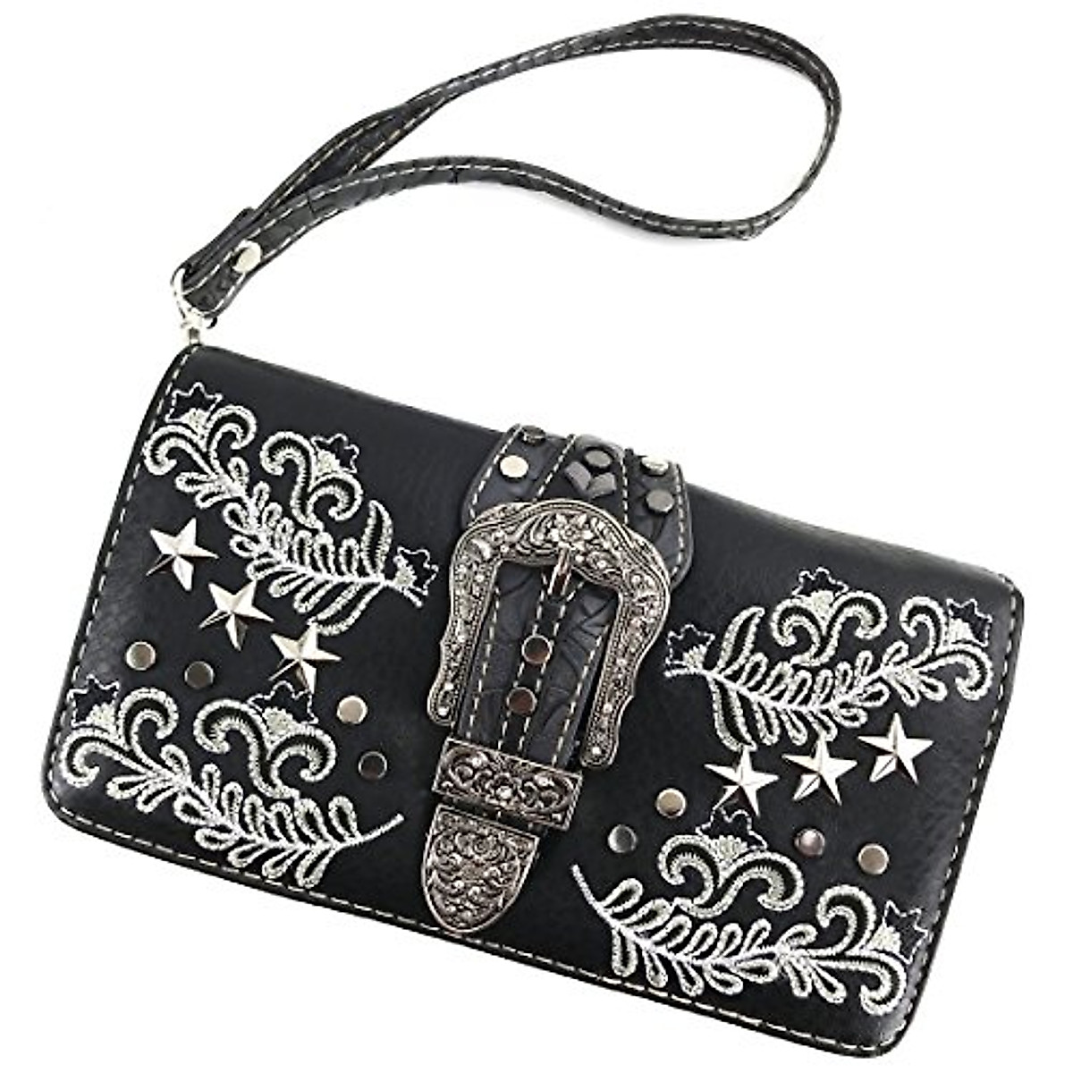 Justin West Buckle Western Floral Damask Embroidery Studs Stars Concealed Carry Handbag Purse (Black Purse Wallet Set)