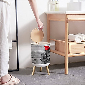 SHL96PZGX Small Trash Can with Lid Red Rose on Black and White with Wood Legs Wastebasket Round Garbage Bin for Kitchen, Bathroom, 1.8 Gallon - 7L