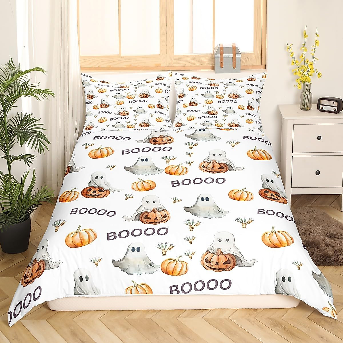 Manfei Halloween Kids Duvet Cover Set King Size, Autumn Pumpkin Comforter Cover, Cartoon Halloween Ghost Bedding Set for Boys Girls Adults Bedroom Decor, Lightweight Bedspread Cover, 2 Pillowcases