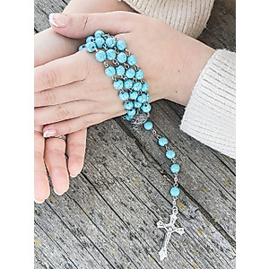 Nazareth Store Sky Blue Marble Stone Beads Rosary Turquoise Beaded Necklace Catholic Miraculous Medal & Jesus Cross