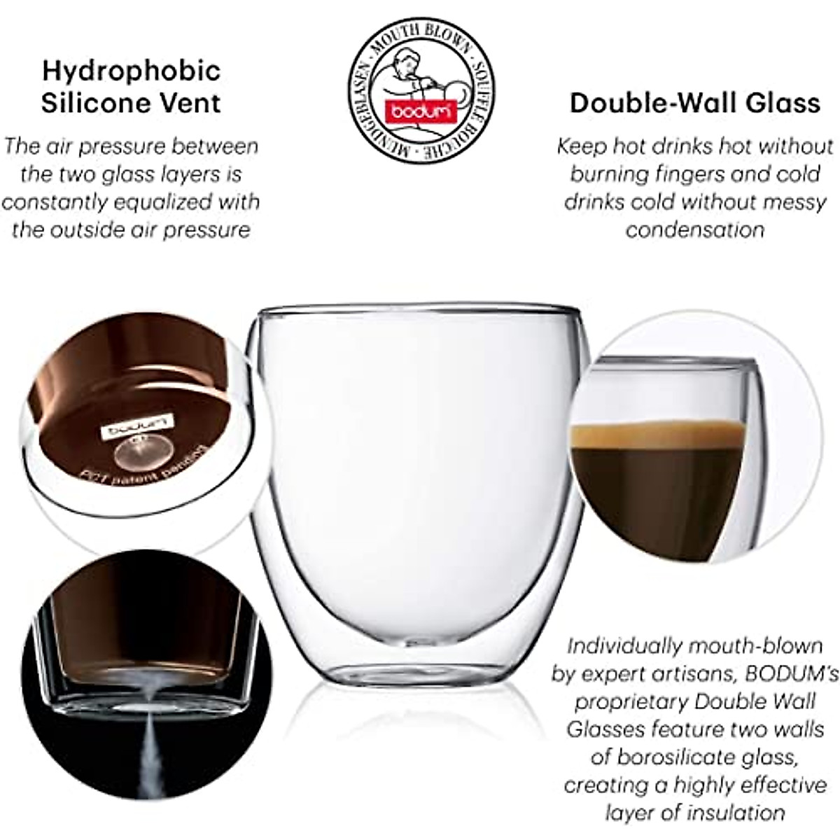 BODUM MELIOR 12082-10 Double Wall Tea Glass, 3.4 fl oz (100 ml), Set of 2, Clear, Genuine Product