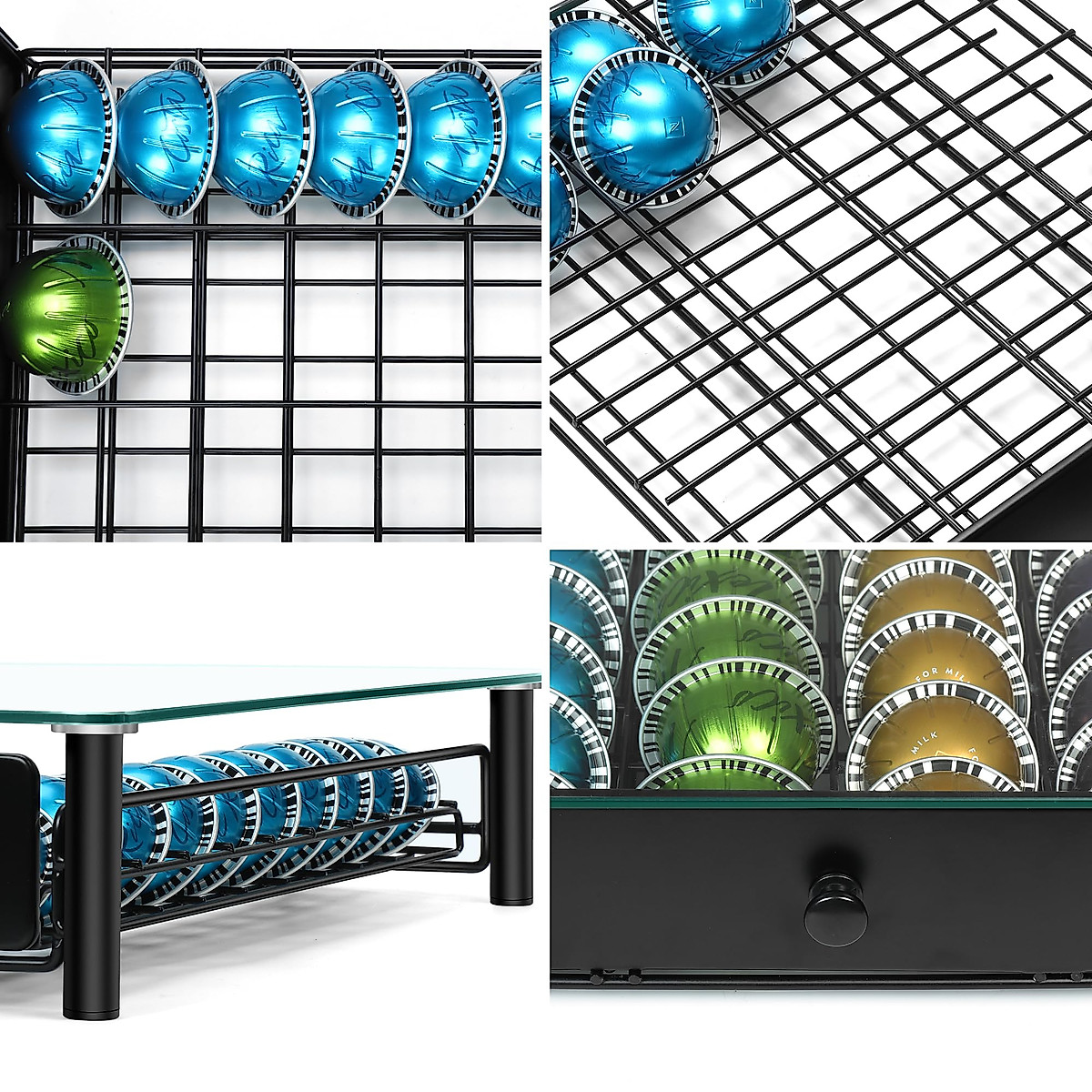 ROWISE Coffee Pod Drawers, Crystal Tempered Glass Pod Holder Drawer Compatible with Nespresso Capsules, Holds Up to 40 Capsules, Size 13"x14.7"x3.5"