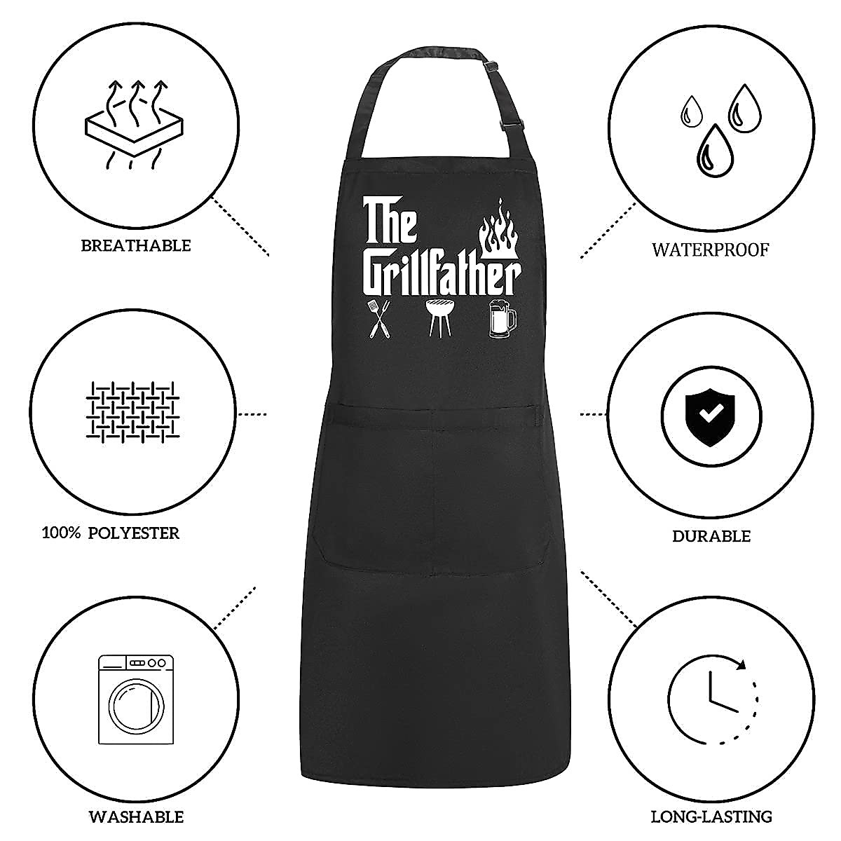 POTALKFREE Funny Grilling Aprons for Men with Pockets, The Grillfather Waterproof Kitchen Cooking BBQ Apron for Dad Man Husband, Grill Gifts for Birthday Christmas Thanksgiving