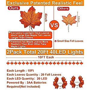 2 Pack Fall Decor Enlarged Maple Leaf Fall Lights Thick Leaf Garlands,Total 20Ft 40LED Lights Battery Operated Waterproof Fall Decorations Home Indoor Outdoor Autumn Thanksgiving Halloween Decor