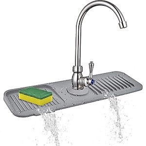 Kitchen Sink Splash Guard, Silicone Faucet Handle Drip Catcher Tray Fits the Faucet Tube within 2.5", Kitchen Sponge Holder Faucet Absorbent Sink Protectors Mat (17.7" x 5.5")