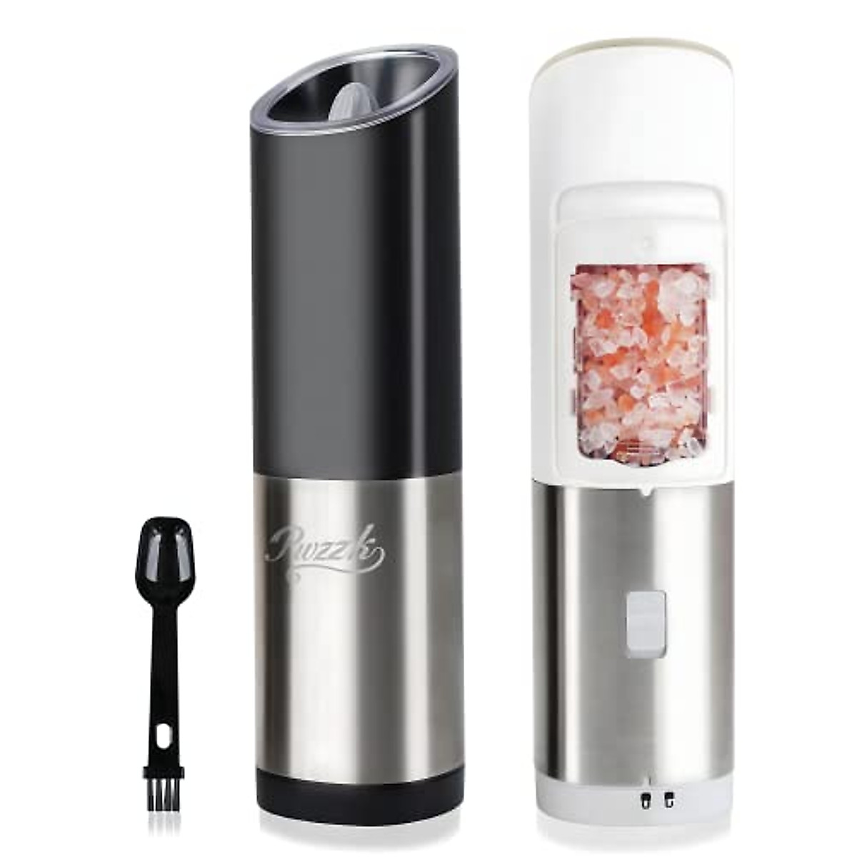 PwZzk Battery Operated Gravity Electric Salt And Pepper Grinder Mill Set With White Light Stainless Steel One Hand Automatic Operation Refillable With Adjustable Coarseness (Black&white,2 Pack)