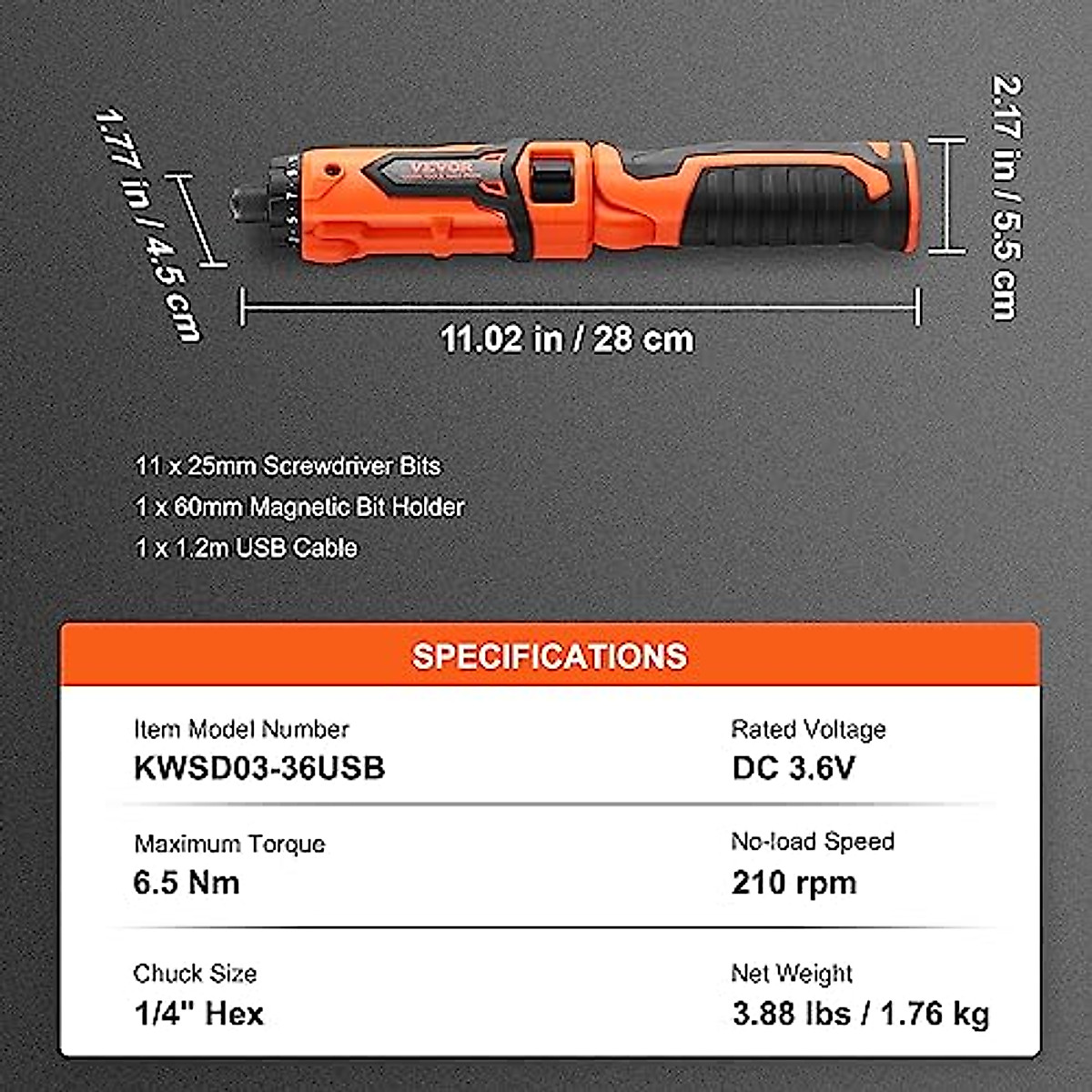 VEVOR Cordless Screwdriver, 4V 7Nm Electric Screwdriver Rechargeable Set with 11 Accessory Kit and Charging Cable, LED Light Dual Position Handle, Nut Drivers Magnetic Bit Holder Tool Kit Home Repair
