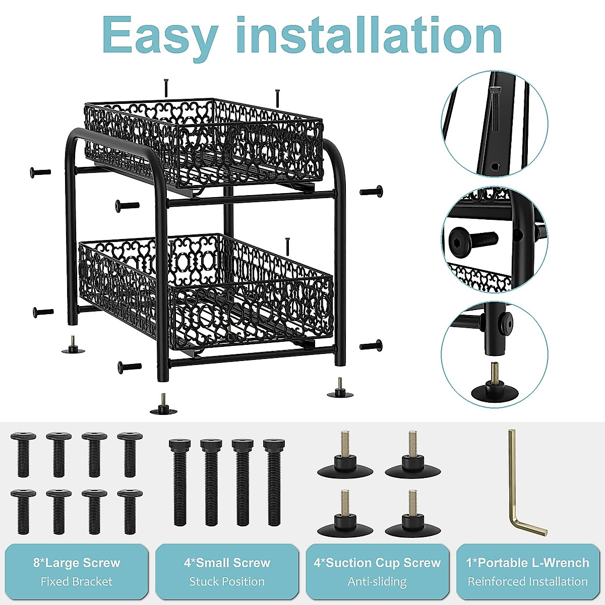 Pull Out Cabinet Organizer, 2-Tier Under Sink Organizer with Sliding Storage Basket Drawers, Metal Under Sink Organizers and Storage for Bathroom and Kitchen Under Sinks, Cabinets and Countertops
