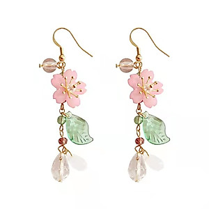 Cute Pink Flower Dangle Drop Earrings for Women Girls Acrylic Sakura Leaf Earrings Summer Beach Long Tassel Earrings Holiday Jewelry