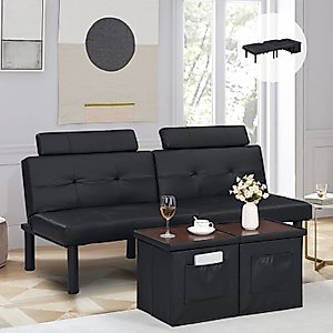 ETAGERIA Convertible Futon Sofa Bed with Two Storage Ottoman/Coffee Table, Adjustable Loveseat Sleeper，Small Leather Futon Couch for Living Room, Apartment, Dorm and Folding Recliner (Black)