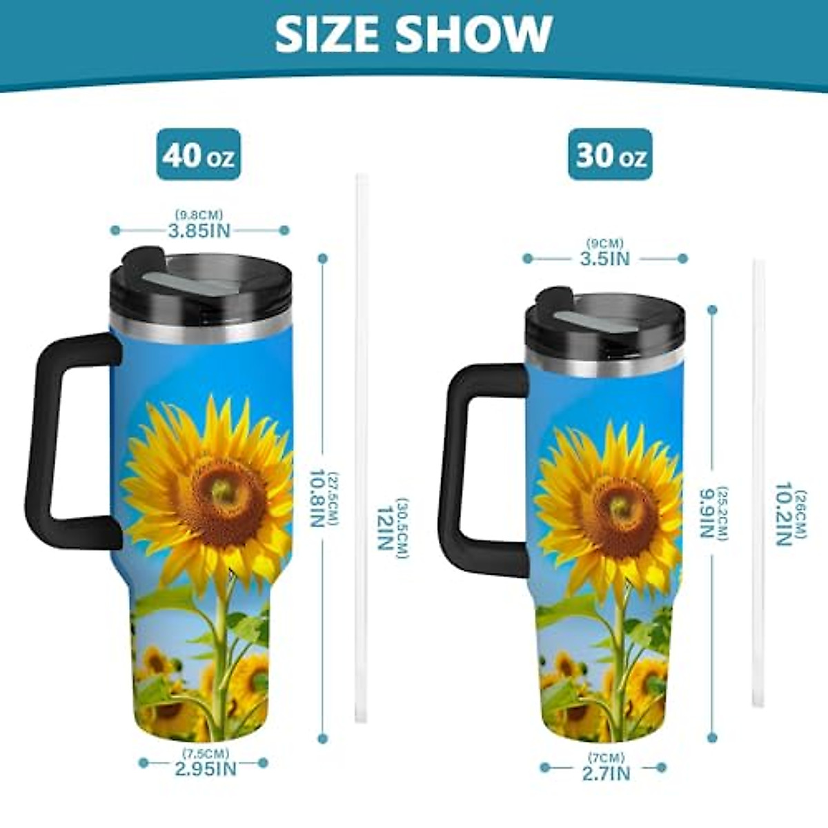 FRCSDIY Sunflower Insulated Tumbler with Handle and Straw Lid,30oz Leakproof Stainless Steel Cup BPA-Free Water Bottle